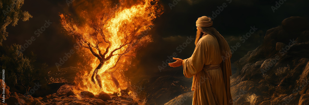 Ultra-realistic scene of Moses standing before a burning bush in the ...