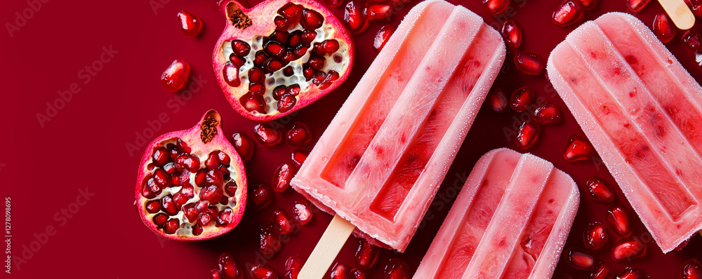 Juicy pomegranate popsicles, glistening with frost, set against a bold ...