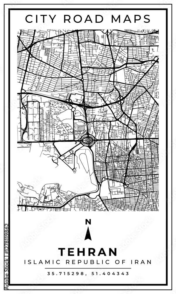 Stock-Vektorgrafik „Black and white printable road map of Tehran city ...