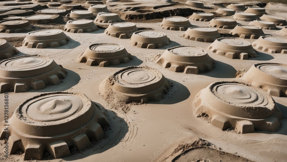 Patterns of sand structures resembling landmines in a dry outdoor ...