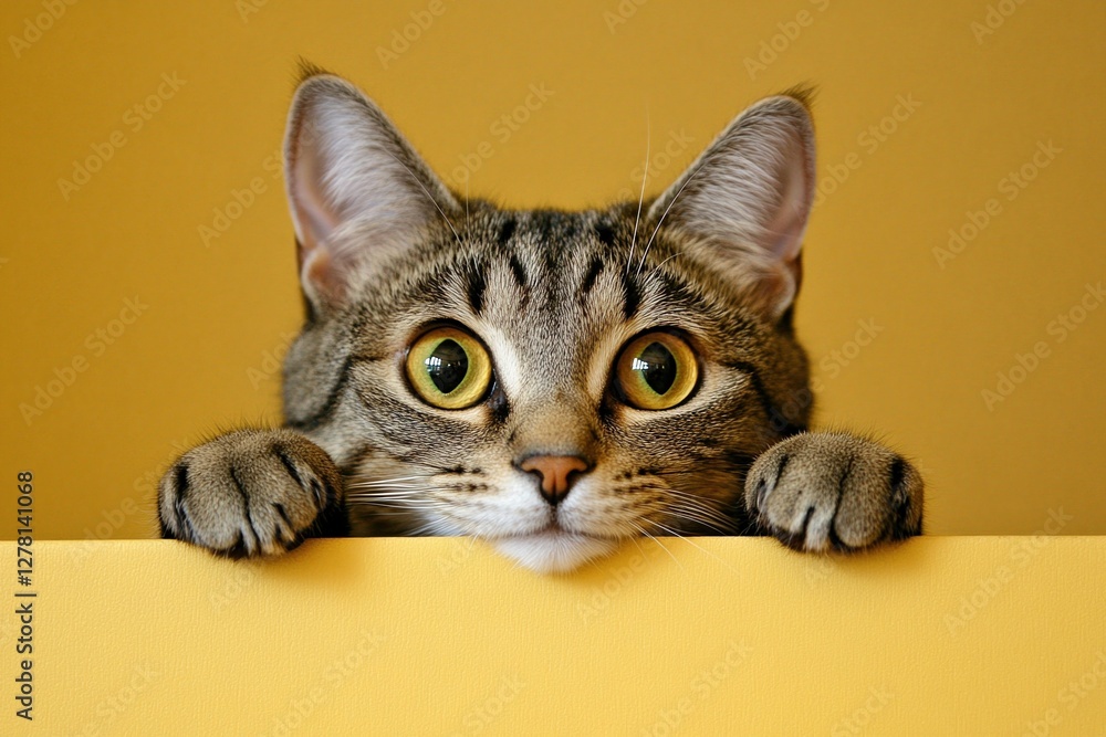 Tabby cat with big green eyes posing playfully behind a yellow ...