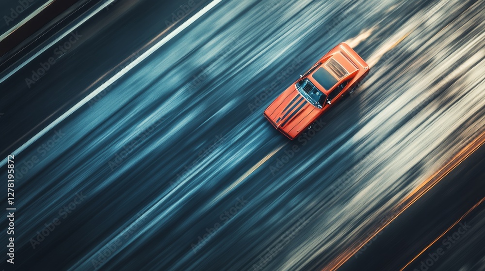 Drag racing car in full motion, seen from a high-angle view. Featuring ...