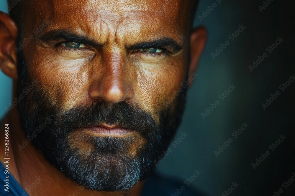 Strong facial features of a man with a rugged beard and intense gaze ...
