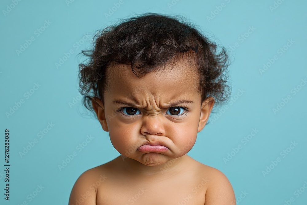 Child with a serious expression against a light blue background showing ...