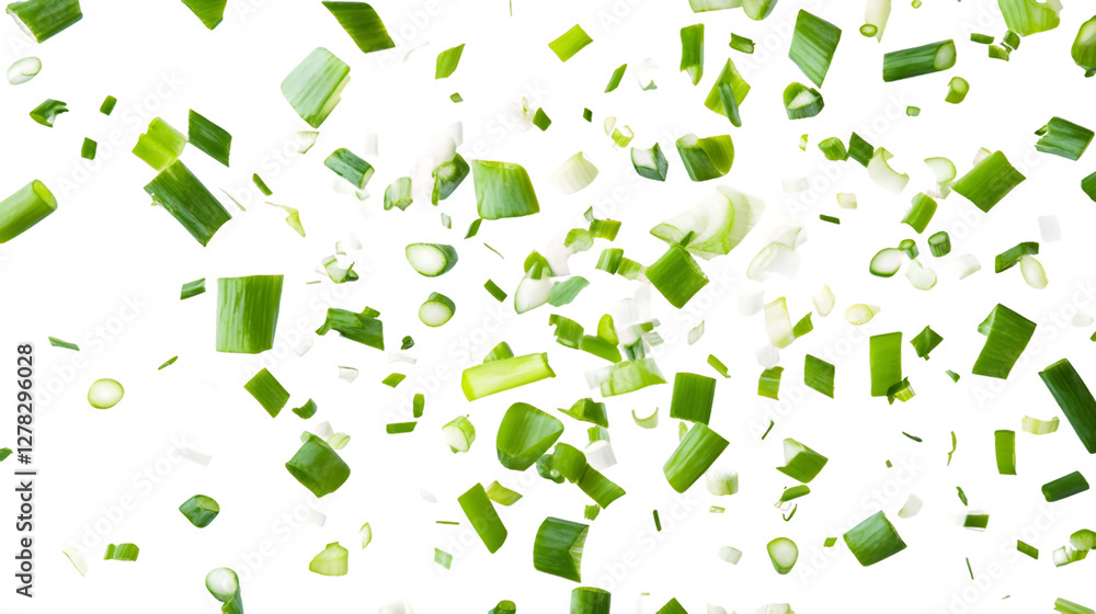 Chopped green onions falling on a transparent background. The pieces ...