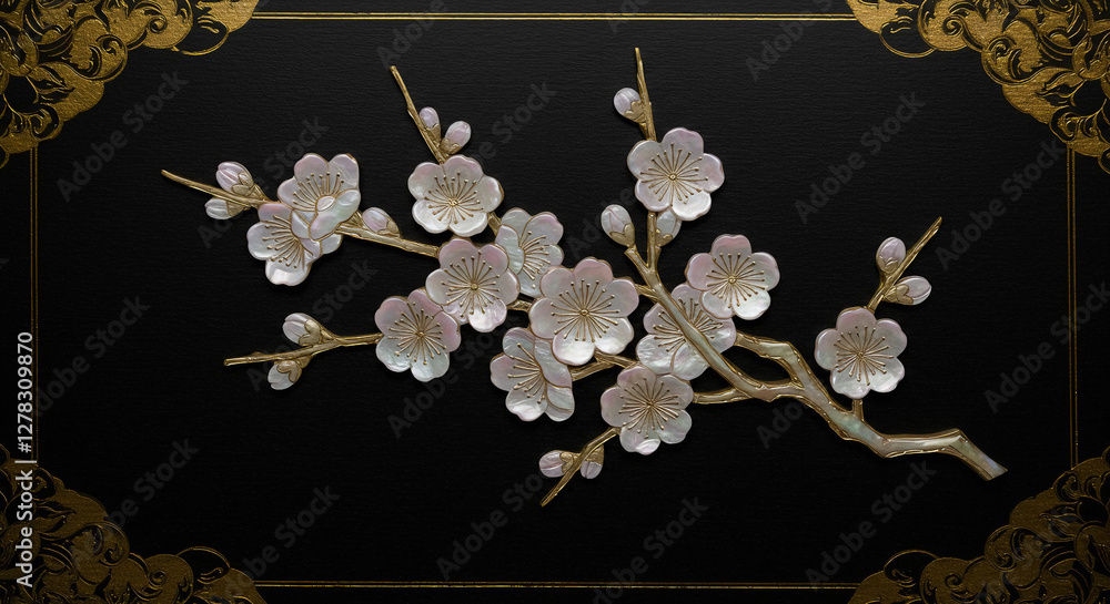 Traditional Korean mother-of-pearl inlay pattern with plum blossom ...