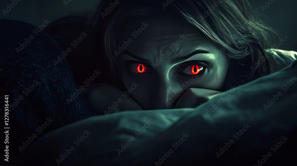 Woman scared nightmare red eyes monster under bed. Bad scary dream with ...