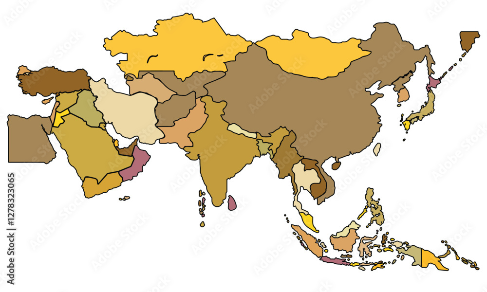 Regions of Asia. Political map with single countries. Colored ...