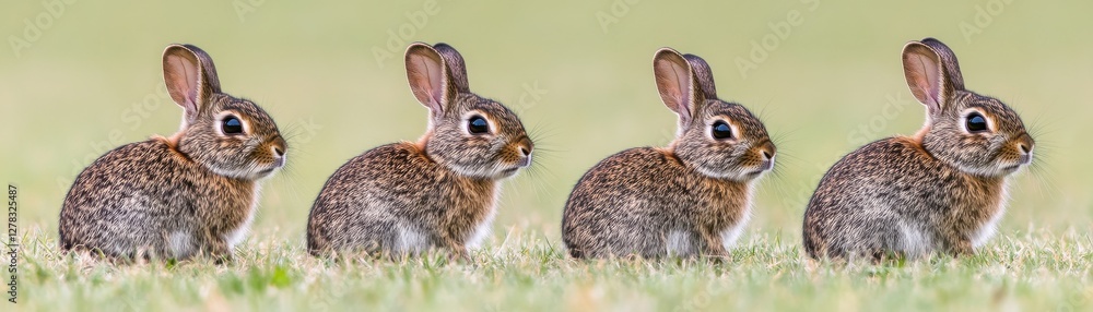 Four rabbits are lined up side by side, showcasing their furry bodies ...