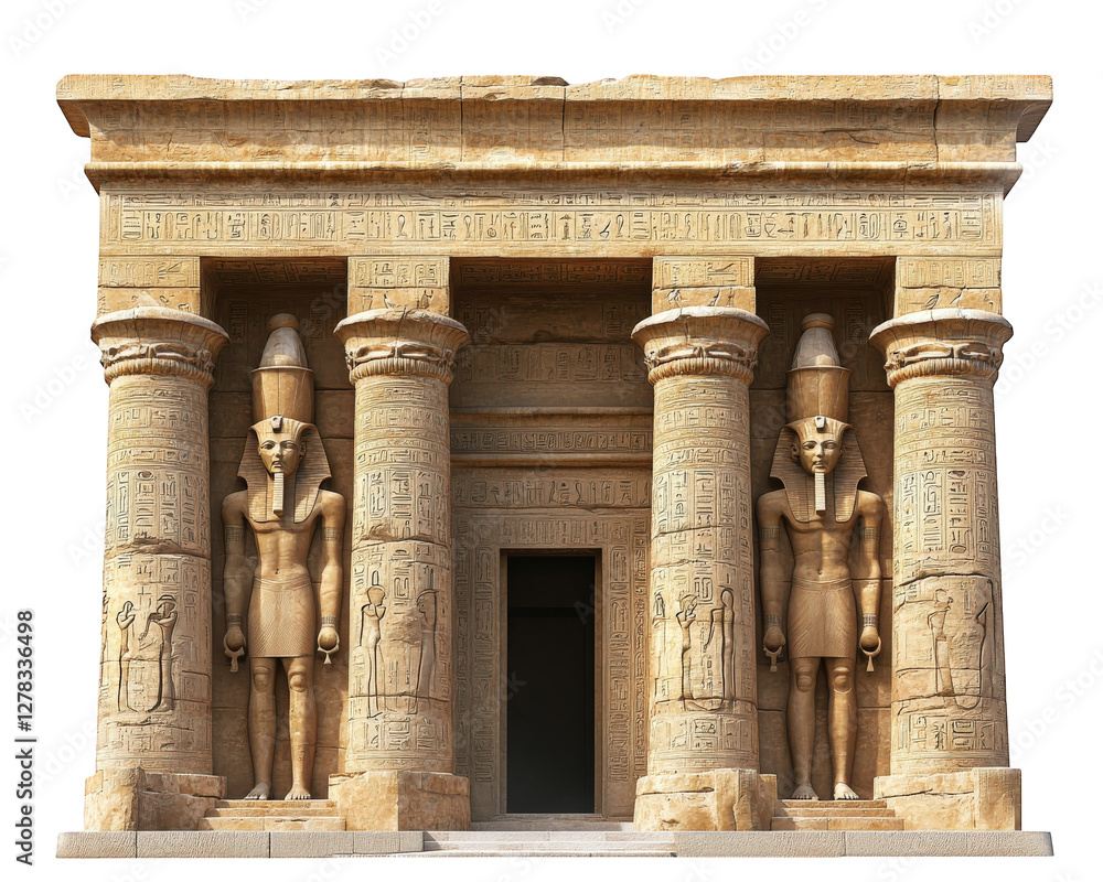 Ancient Egyptian temple entrance with colossal statues and hieroglyphs ...