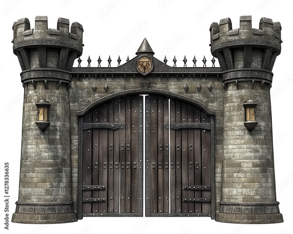 grand medieval castle gate featuring heavy iron portcullis and stone ...