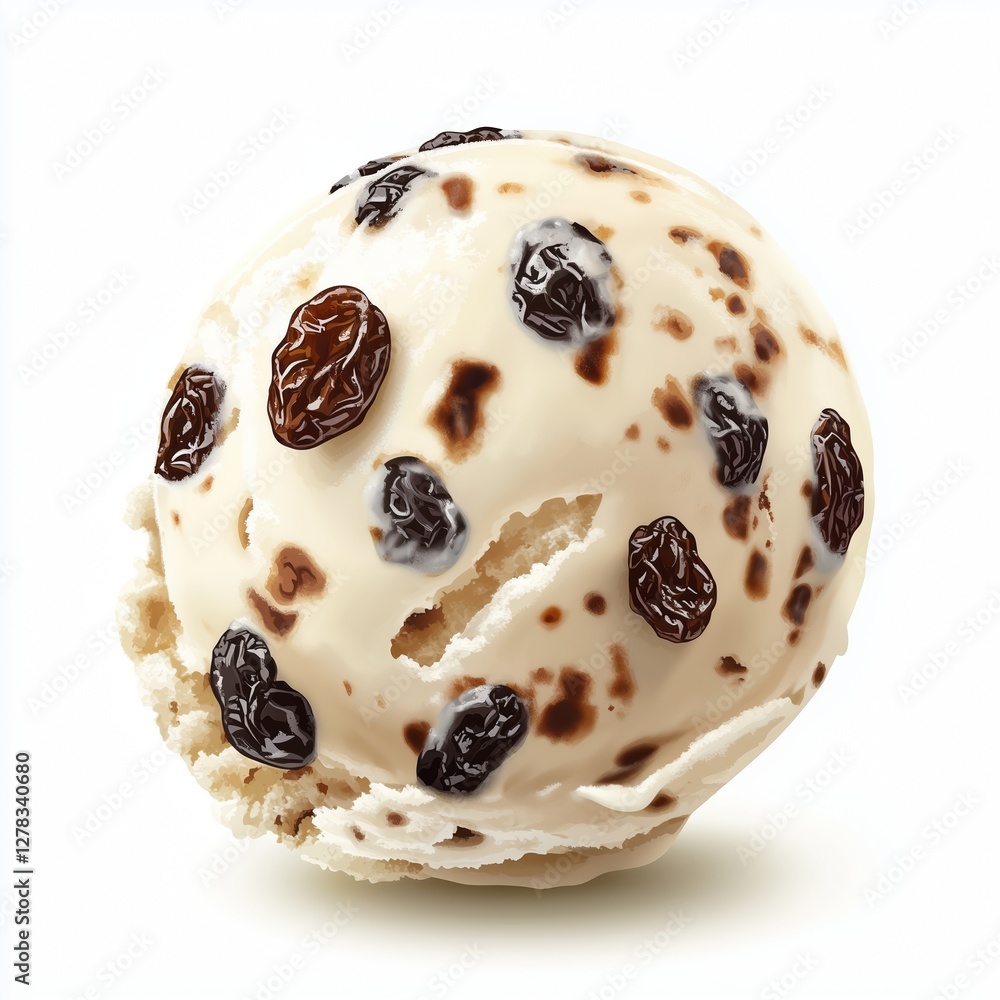 Realistic illustration of a scoop of rum raisin ice cream with plump ...