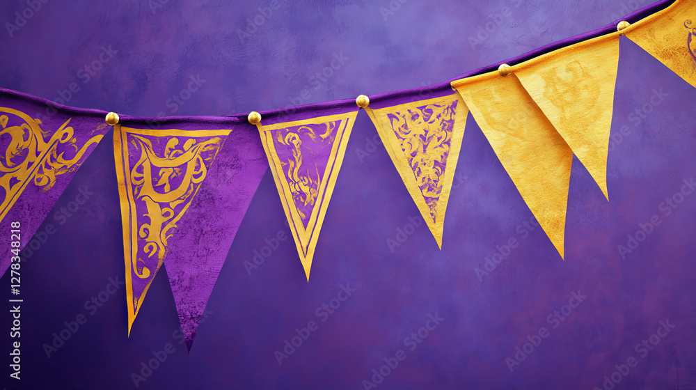 Pennant flags of purple and gold colors mockup, blank vertical banners ...
