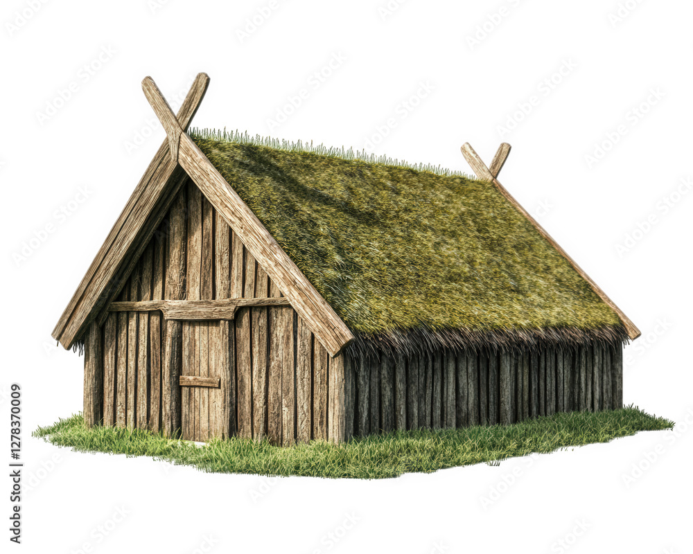 wooden Viking longhouse with grass covered roof, showcasing traditional ...
