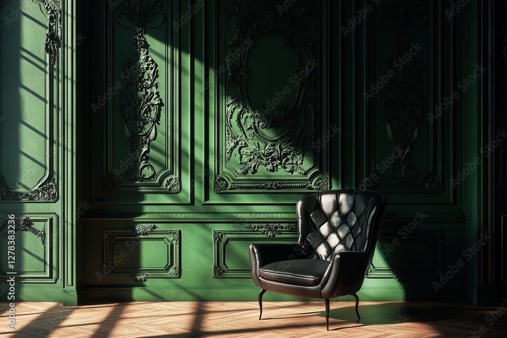 emerald green room with ornate wall panels casting dramatic shadows ...