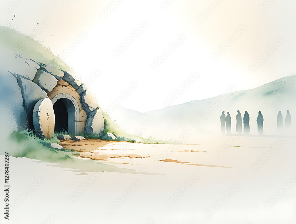 Watercolor iillustration Jesus tomb is empty, Resurrection of Jesus ...