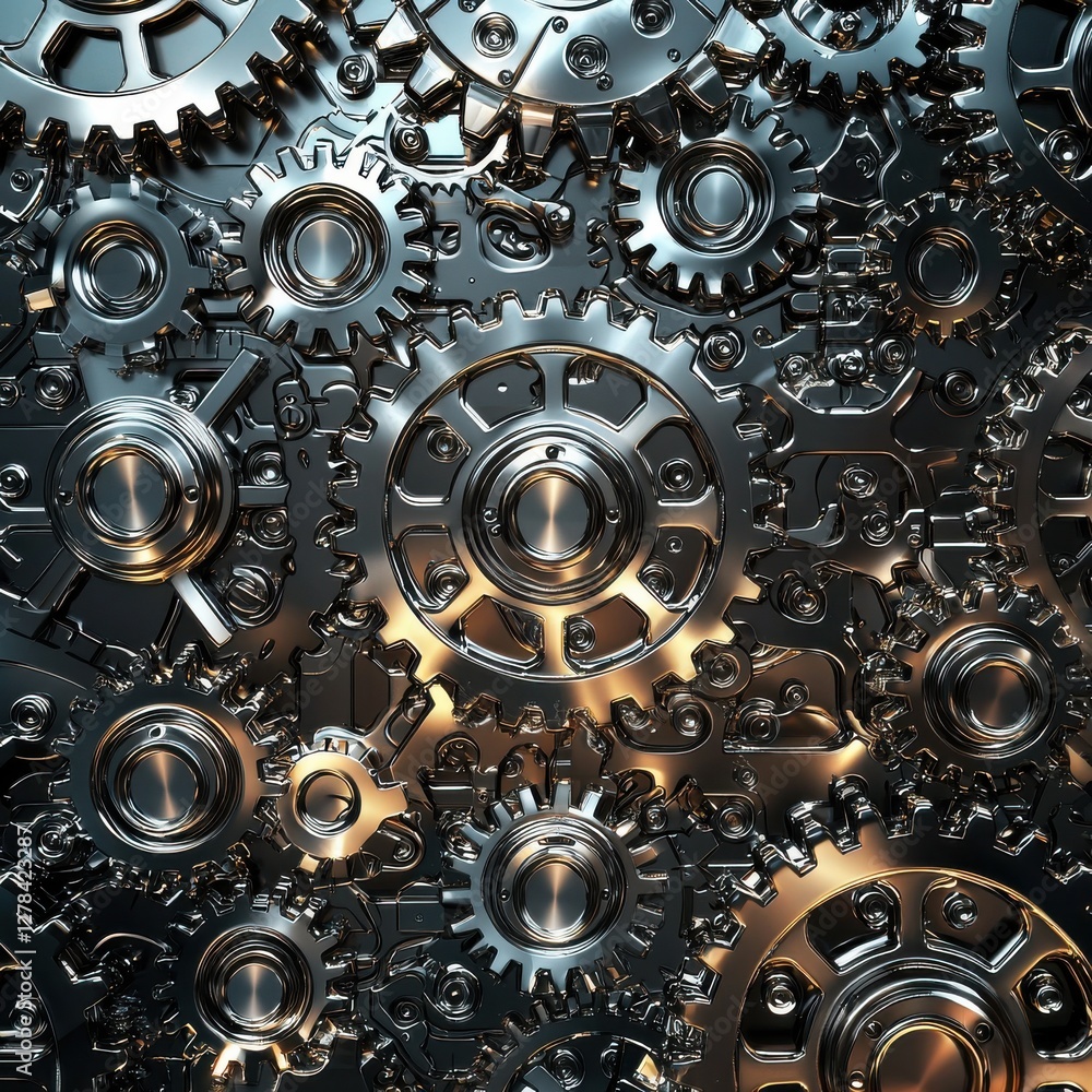 A complex arrangement of interlocking gears and cogs, rendered in ...