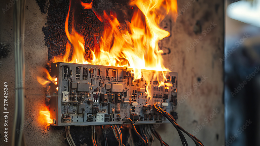 Ilustração Fuse box in fire, short circuit and overload in electrical ...