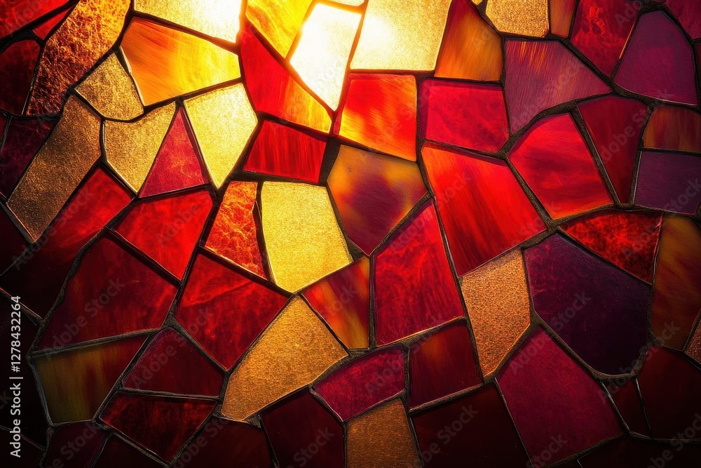 fractured stained glass mosaic in deep crimson and amber, backlit by ...