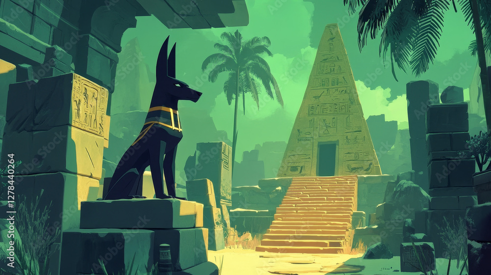 Game banner about Secrets of Egypt with Anubis and pyramids on desert ...