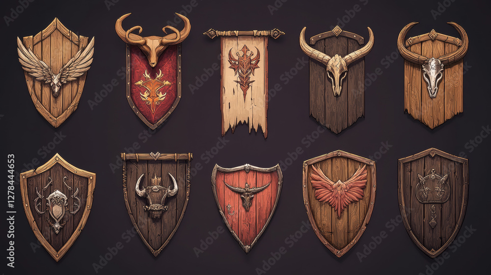 Game avatar frames, level ui icons, wooden shields or banners animal ...
