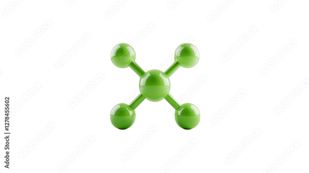 Green molecule structure with four spheres, scientific representation ...