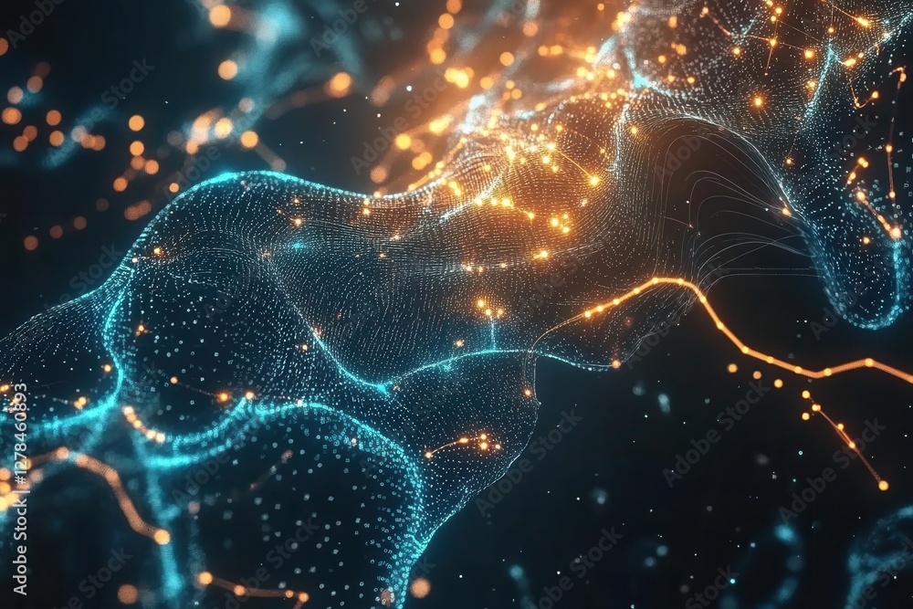 holographic 3d network visualization of interconnected data nodes floating in cyberspace, with ...