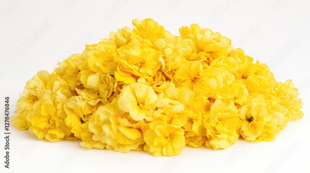 Sacred yellow marigolds spread on a white backdrop, traditionally ...