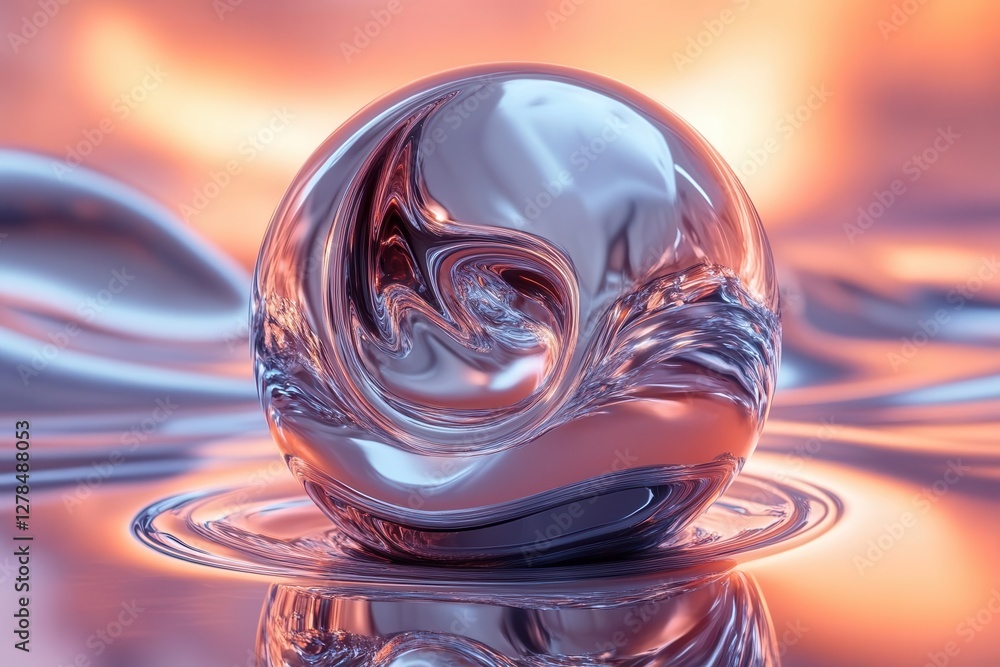 liquid metal sphere morphing into abstract fluid forms, chrome surface ...