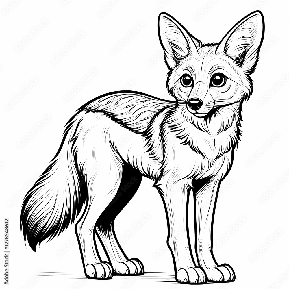 Jackal line drawing with bold outlines and simple fur details for kid's ...