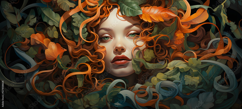 medusa and leaves, colorful patterns on a dark background Stock ...