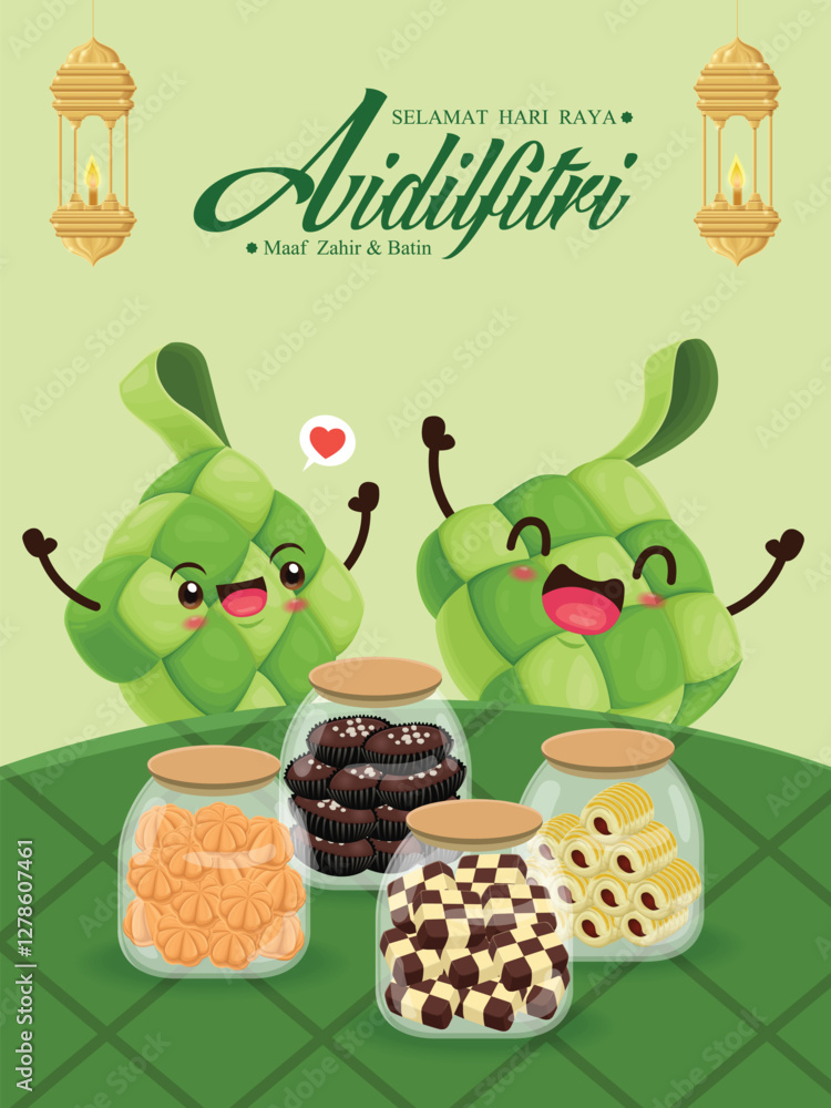 Hari Raya Aidilfitri background design with ketupat, kuih raya. Malay ...