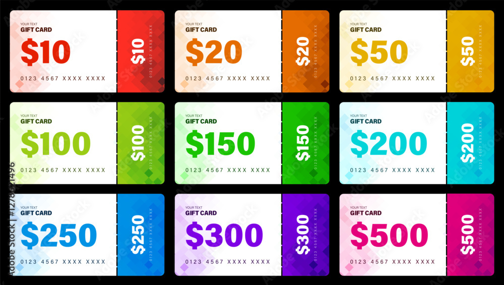 Business gift card design with 10 to 500 dollar. Simple gift card ...