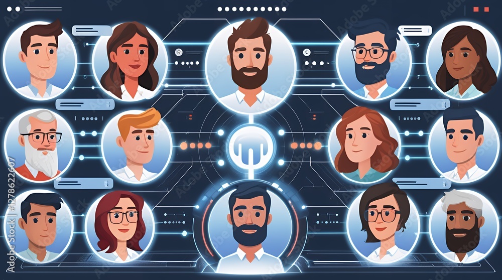 A futuristic digital interface displaying various customer personas ...