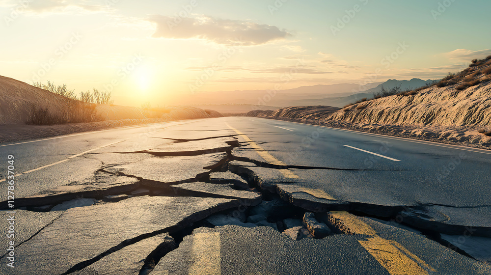 Damaged road with massive cracks and deep fissures caused by a powerful ...