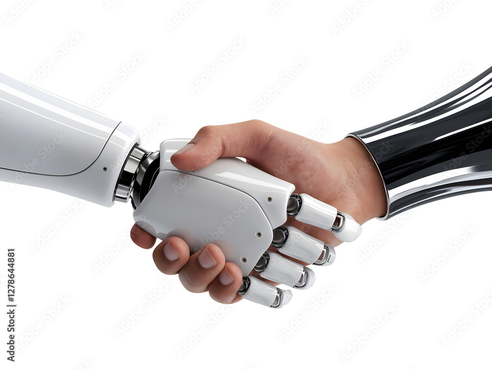 robot handshakes with man, PNG transparent cutout AI and human ...