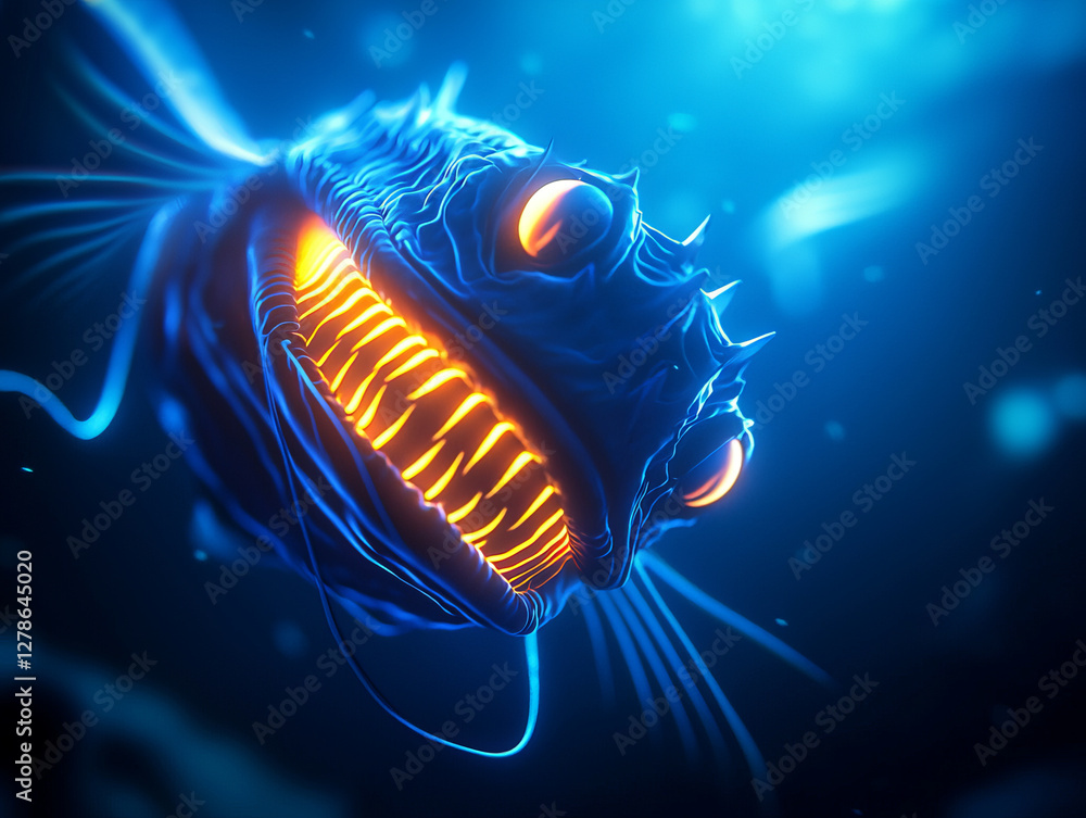 majestic yet terrifying anglerfish glowing in neon blue light ...