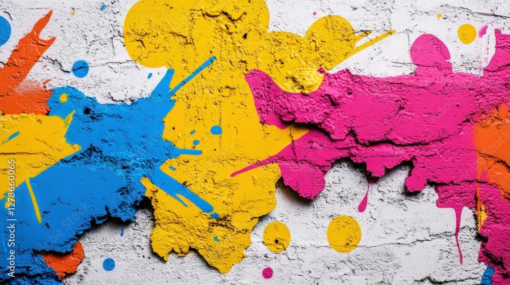 Dynamic graffiti art with colorful spray paint splashes on a textured ...