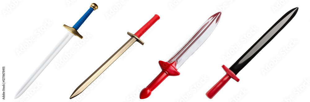 Four decorative swords with different colors and designs against a ...