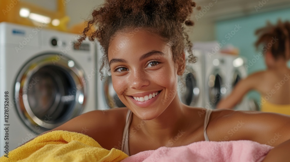 community laundromat, vibrant neighborhood laundry shop, customers ...