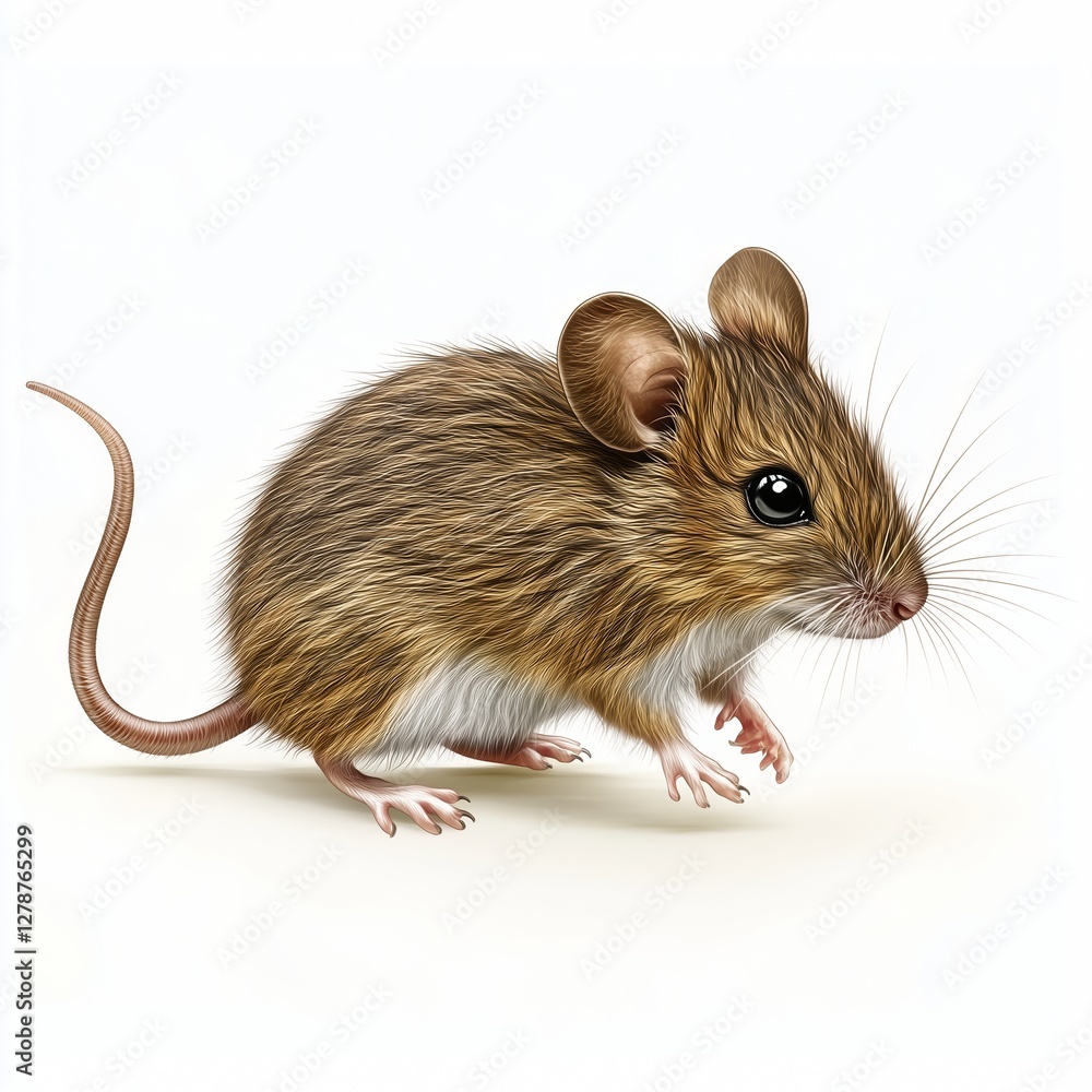 Realistic illustration of a small brown mouse in side profile with ...