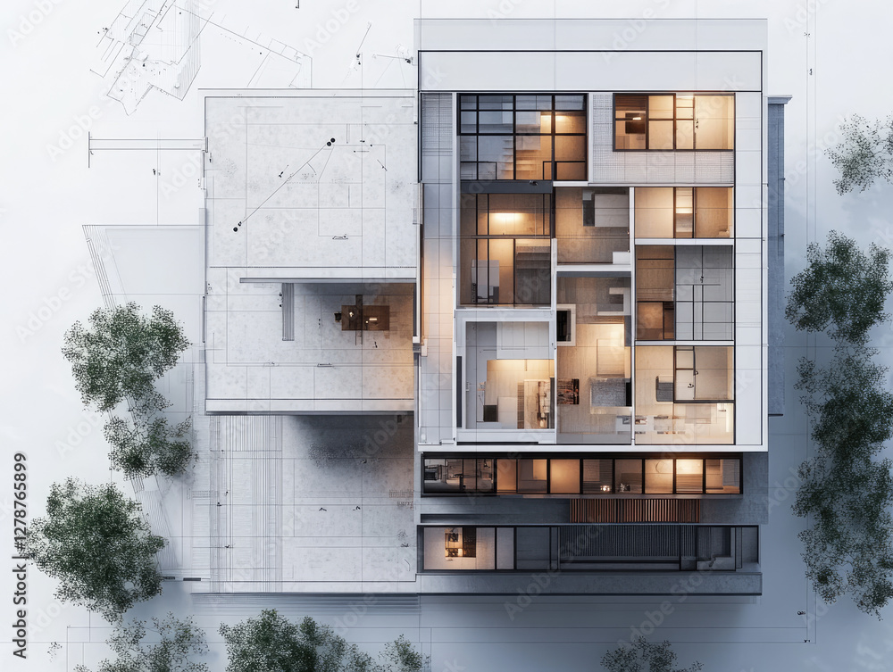 A professional architectural rendering of a modern high-rise structure ...