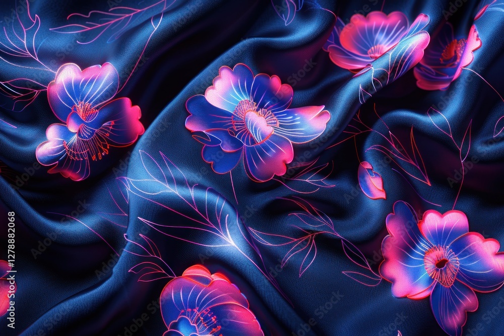 Neon floral designs emerge on dark silk, creating a bold and ...