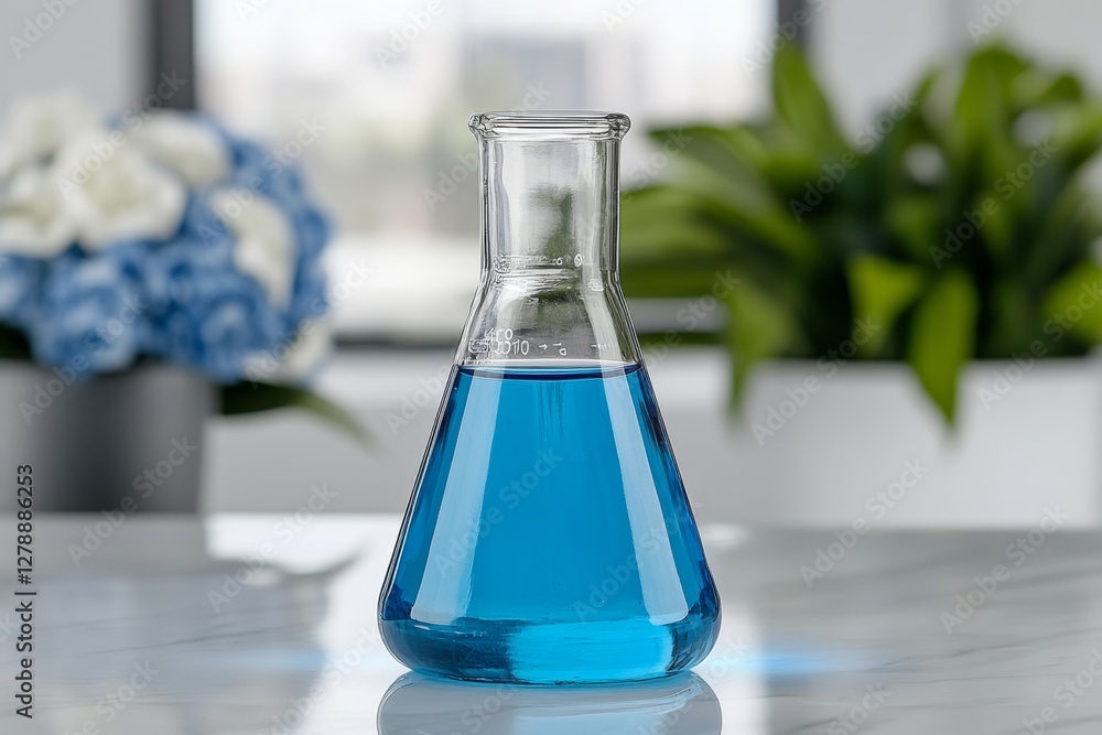beaker and flask in science laboratory with chemical structure blue ...