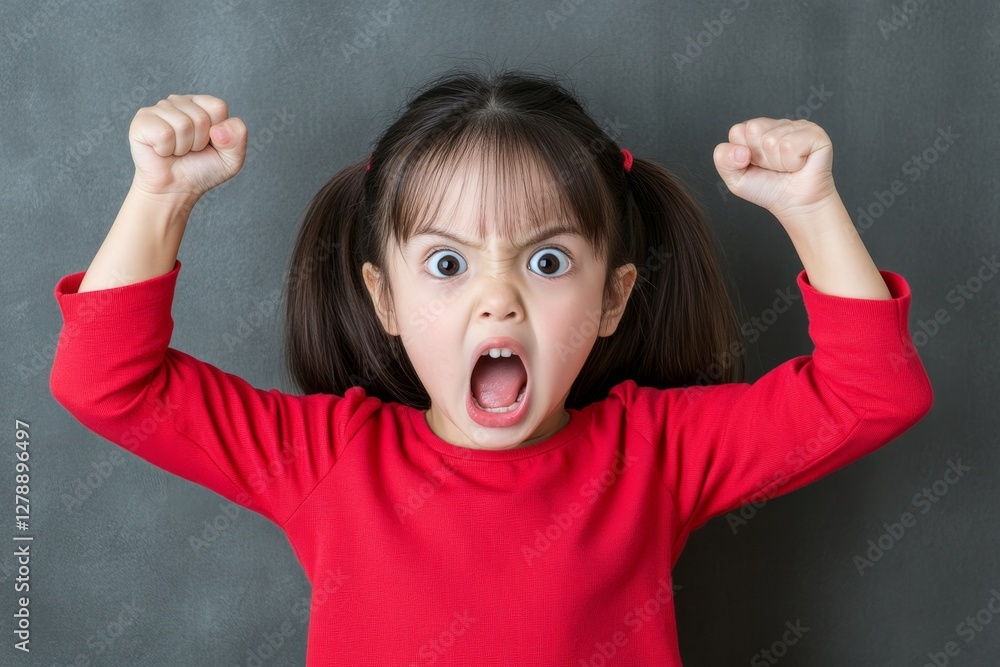 Asian child girl with green concrete wall background, Feelings and ...