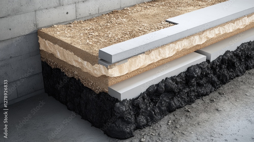 A cross-section of a foundation with visible waterproofing layers for ...