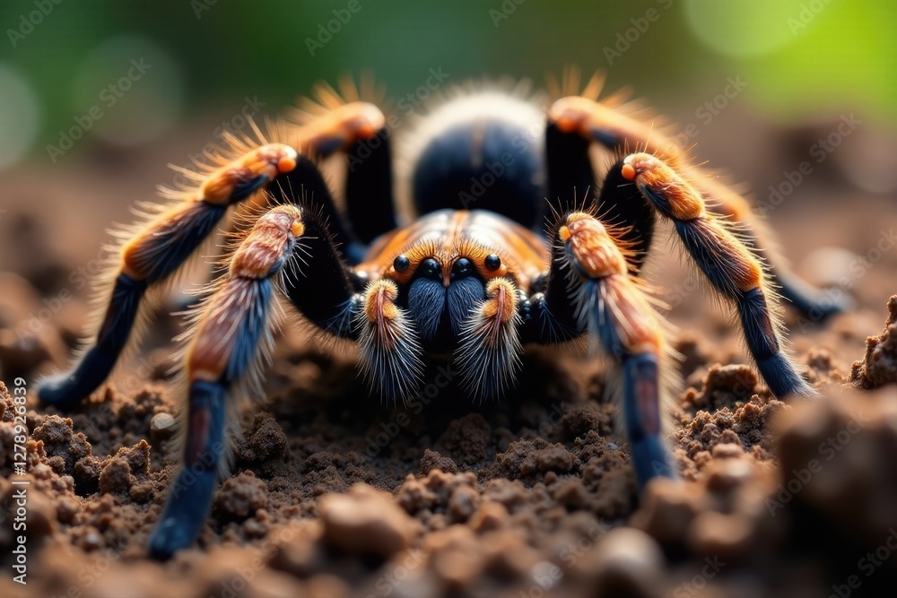 Burrowed soil with tarantula spider Pterinopelma sazimai, leggy ...