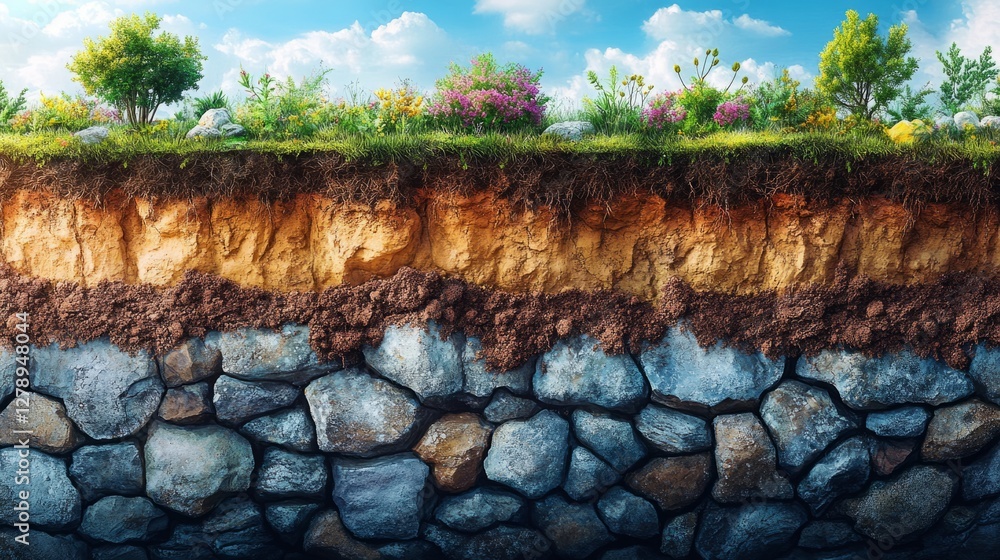 Panorama of soil layers cross section. Roots penetrate various soil ...