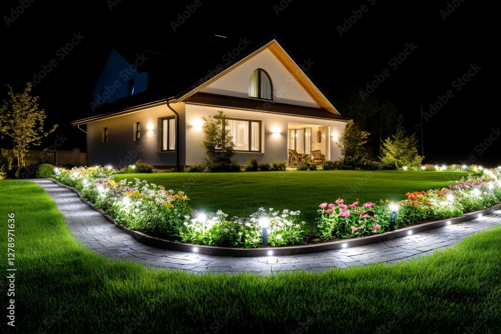 a beautifully lit outdoor garden with landscape lighting highlighting ...