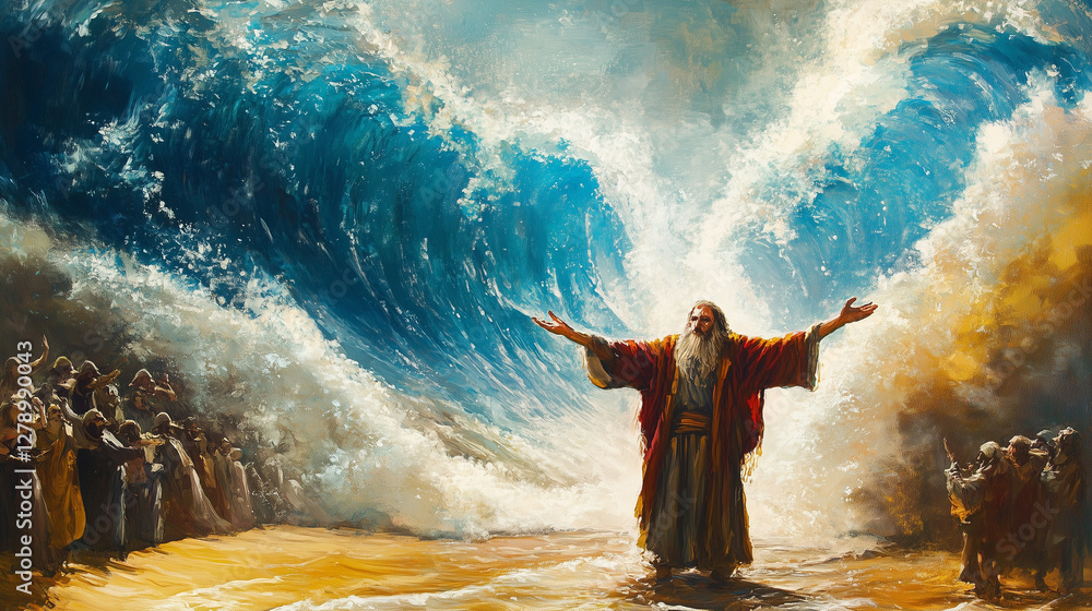 Moses parting the Red Sea oil painting, Passover exodus story, Israel ...